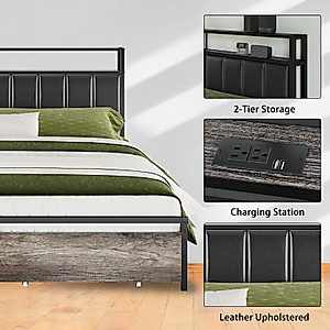 AMERLIFE LED Bed Frame with Drawers, Queen Platform Bed Frame with 2-Tier Storage & Leather Upholstered & Charging Station Headboard, Easy Assembly, No Box Spring Needed, Noise Free, Rustic Grey