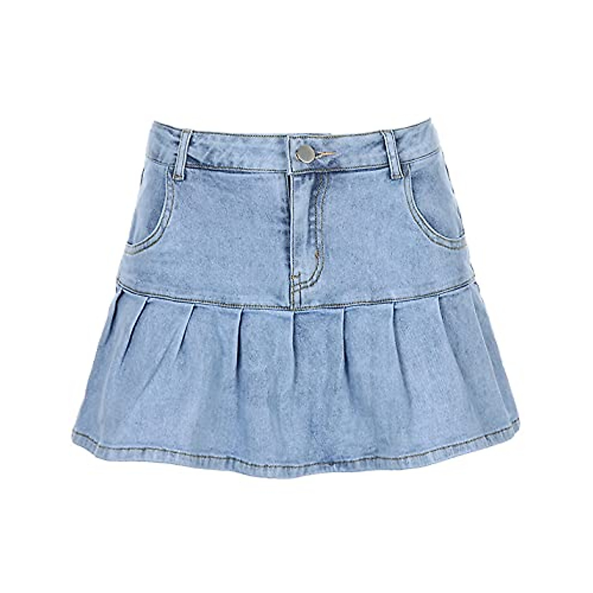 Dqbeng Womens Jean Skirt Y2K High Waist A-Line Ruffle Pleated Denim Mini Skirt (LightBlue-S)
