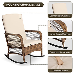 GS CHIER 3 Pieces Outdoor Rocking Chair Set, Outdoor Rocking Chairs, Patio Furniture Sets with Cushion and Side Table, Wicker Bistro Set for Deck Garden Poolside