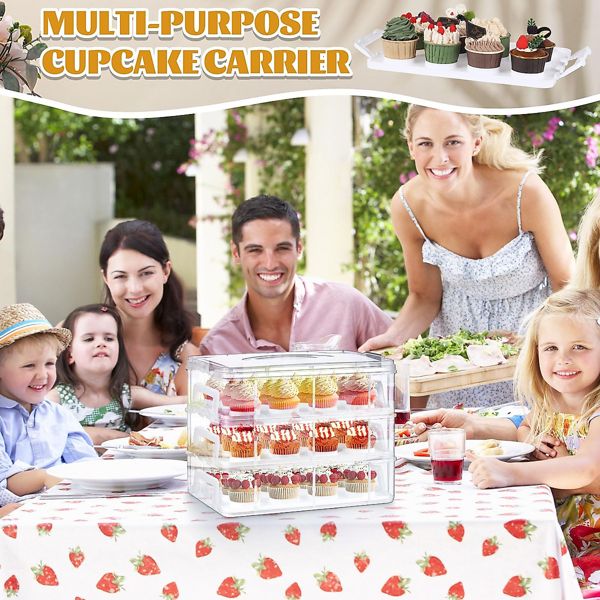 Bokon 4 Pcs 3 Tier Cupcake Carrier Stackable Cupcake Holder with Lid and Handle Plastic Cupcake Transport Container Cupcake Storage for Holding 36 Cupcakes or 3 Large Cakes, Clear