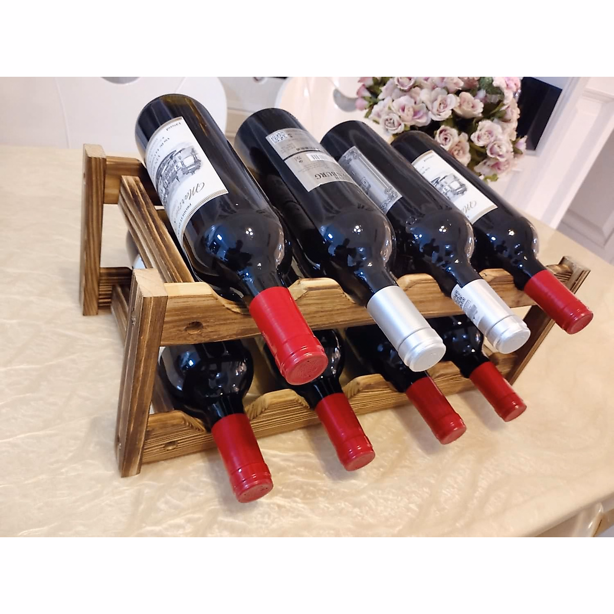 LoongZDD Easy-Install & Standalone 8-Bottle Wine Rack - Premium Carbonized Pine Wood, Two-Tier Design for Countertop, Home Kitchen Pantry, Versatile Wine Storage Solution