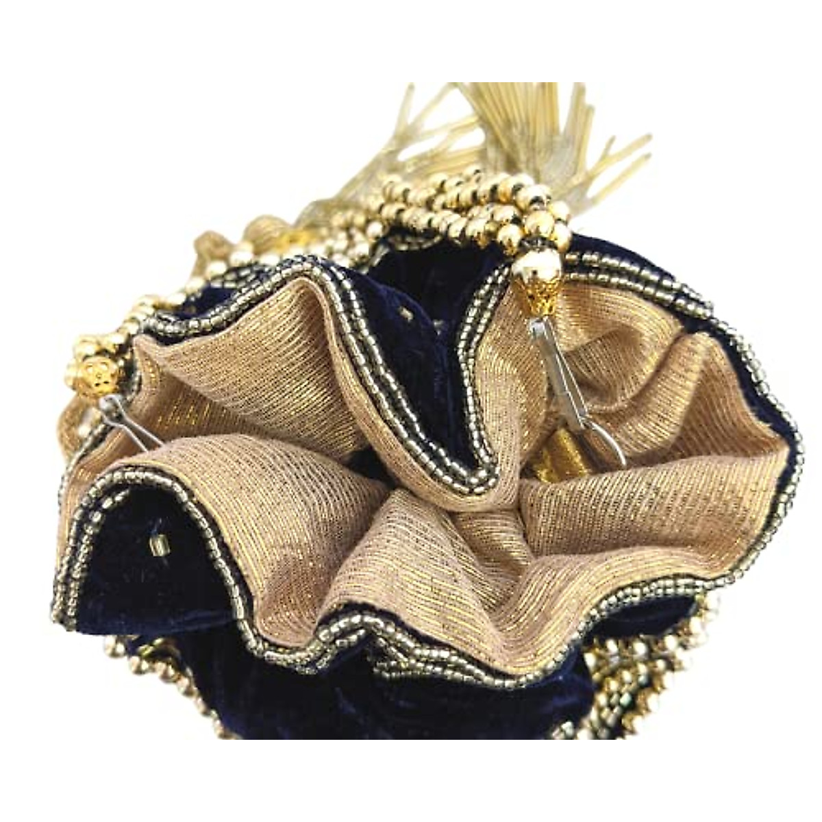 Indian Potli Bag, Bucket Bag Embellished With Golden Motifs For Parties, Weddings, Brides, Festivals, Velvet Purse (Navy)