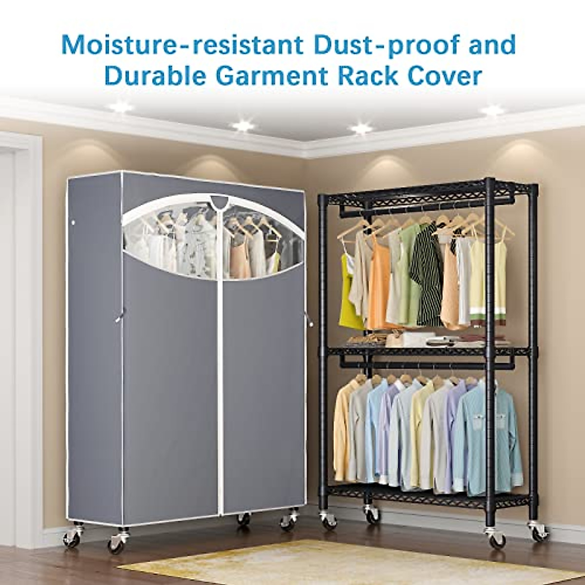 VIPEK R2C Plus Heavy Duty Rolling Garment Rack with Cover Adjustable Clothing Rack for Hanging Clothes Portable Closets with Double Rods, Wardrobe on Wheels, Black Rack with Grey Clear Window Cover