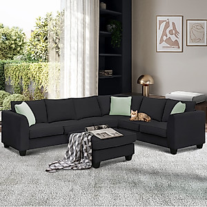 ACQCA 112" Upholstered Sectional Sofa Sets with Removable Ottoman, 7-Seater Modular Corner Couch with 3 Pillows for Livingroom, Office,Black