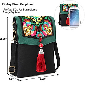 Embroidered Tassels Canvas Crossbody Bag, Cute Shoulder Bag Cellphone Pouch Purse (A02: Vertical-Tassel-Green)
