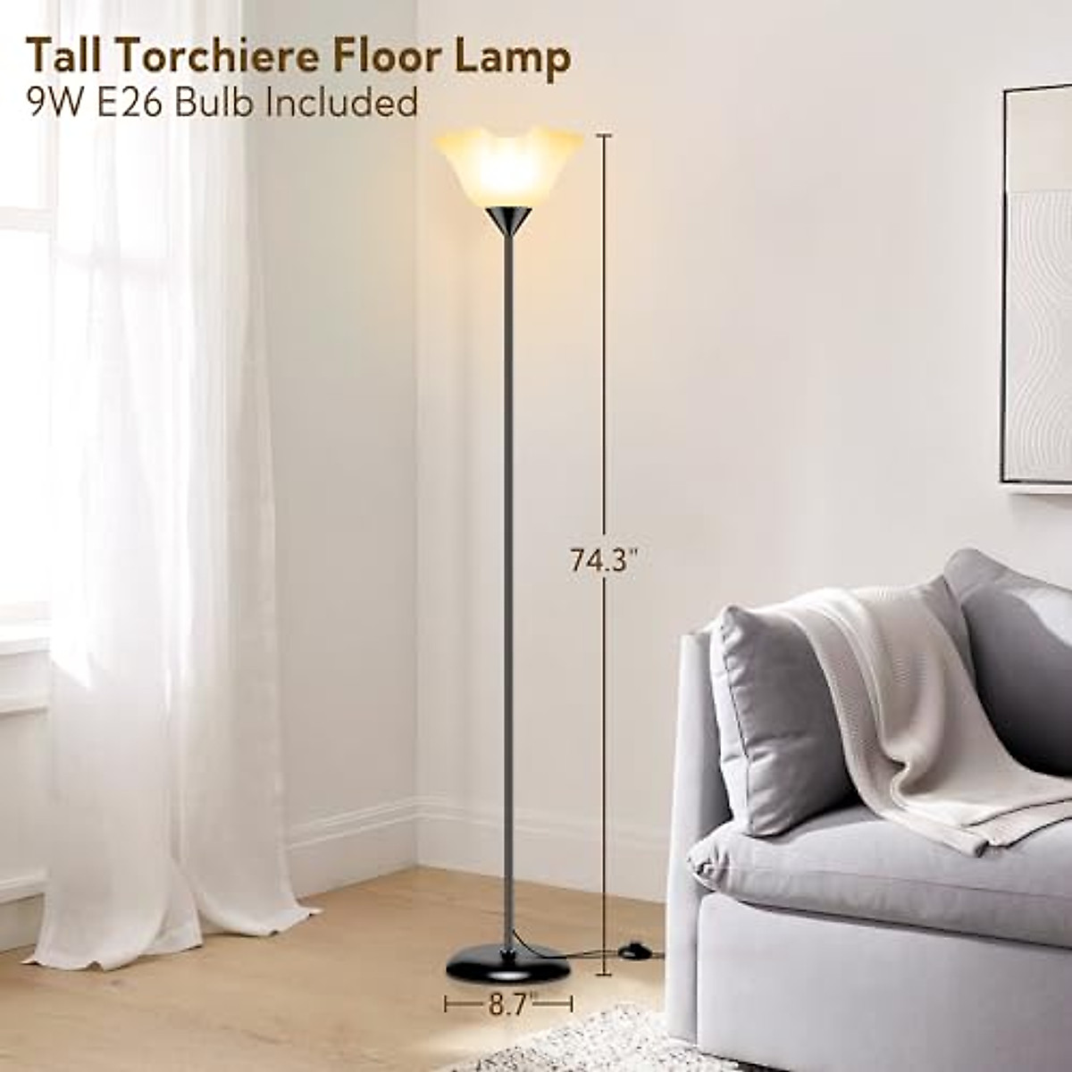 Eneru Floor Lamp Standing Lamps 74'' Tall Torchiere Floor Lamp with White Plastic Shade Black Modern Stand Lamps for Living Room Bedroom Classroom Dorm Office, E26 Bulb Included