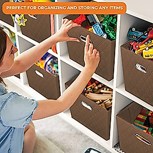 JIAessentials Medium 12-inch Brown Foldable Diamond Patterned Faux Leather Storage Cube Bins Set of Four with Handles with Dual Handles for living room, bedroom and office storage