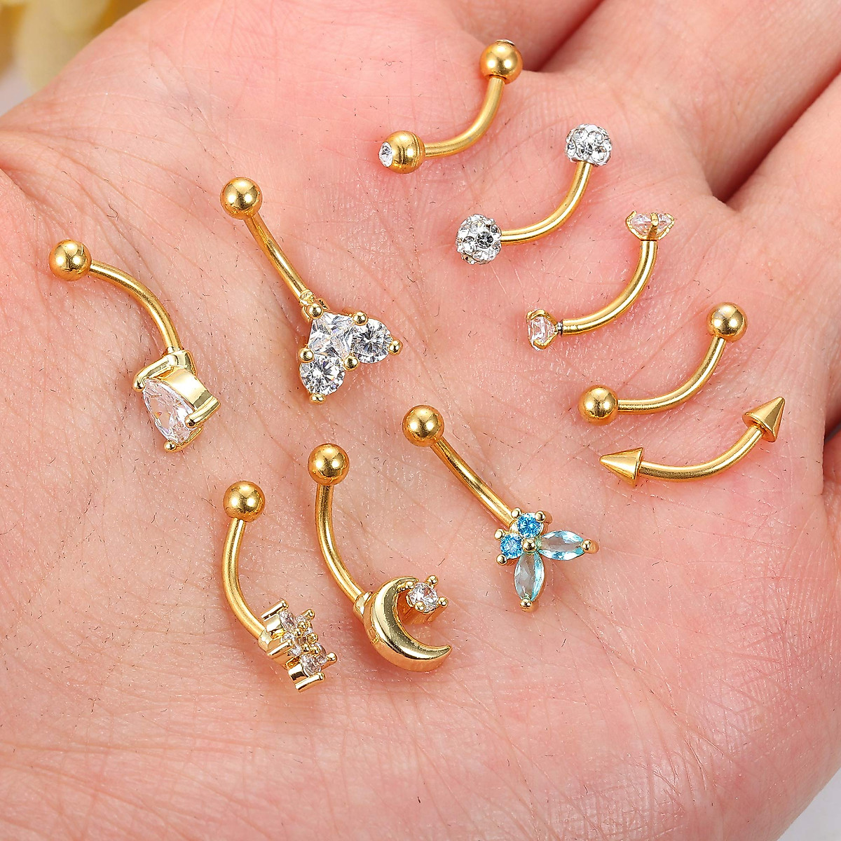 Drperfect 10Pcs 16G Rook Daith Earrings for Women Stainless Steel Belly Lip Ring Cartilage Tragus CZ Body Piercing Curved Barbell Eyebrow Rings 6-8mm