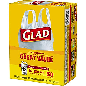 GLAD Tall Kitchen Trash Bags, 13 Gallon Handle Tie Trash Big for Kitchen, Unscented, 50 Count (Pack of 4)