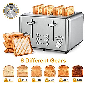 4 Slice Toaster,whall Stainless Steel,Toaster-6 Bread Shade Settings,Bagel/Defrost/Cancel Function with Dual Control Panels,Extra Wide Slots,Removable Crumb Tray,for Various Bread Types 1500W