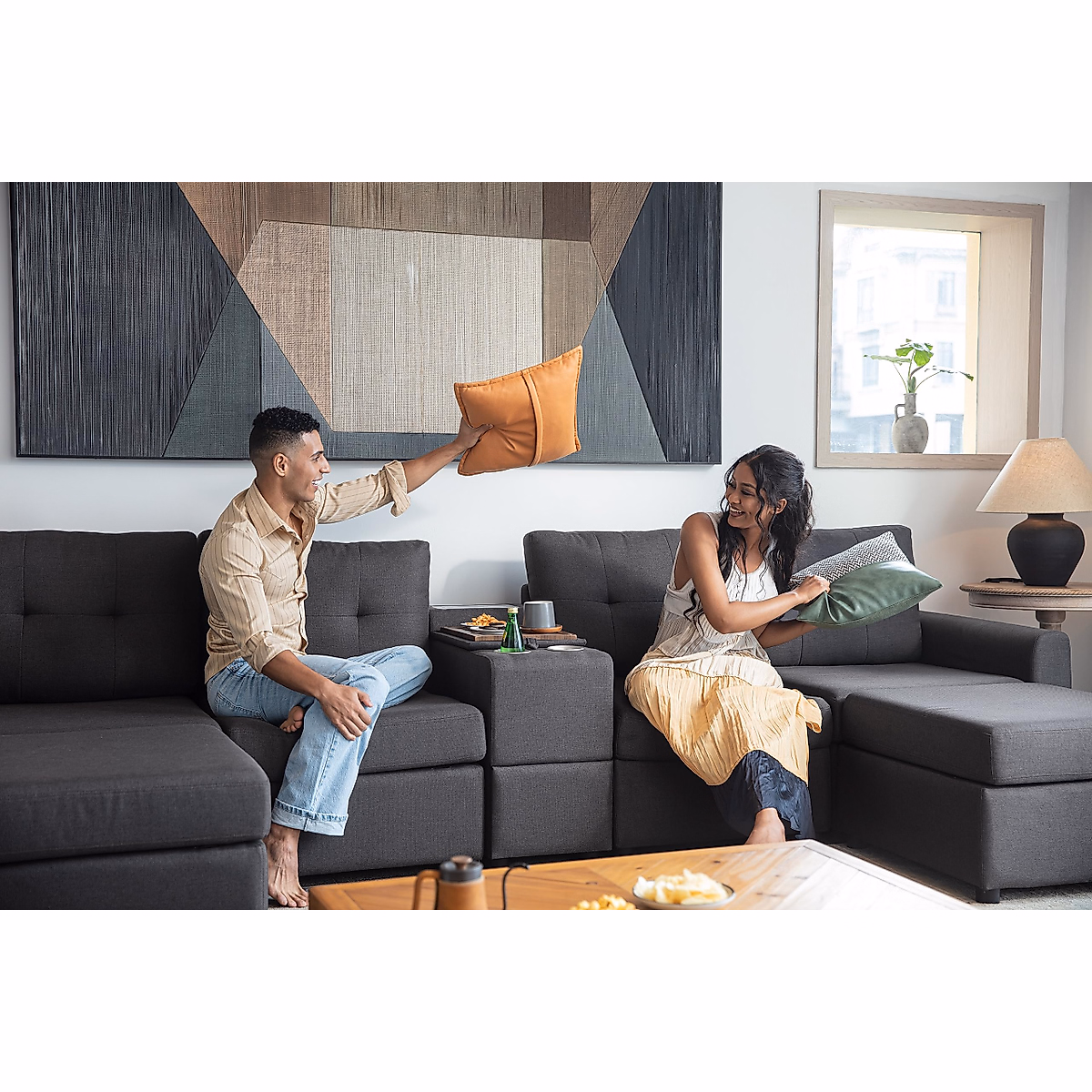 LINSY HOME Oversized Modular Sofa, Rubik III 4 Seat Modular Sectional Couch with 4 Ottomans, U Shaped Sleeper Sofa with Storage, All Covers Changeable Washable, Dark Grey