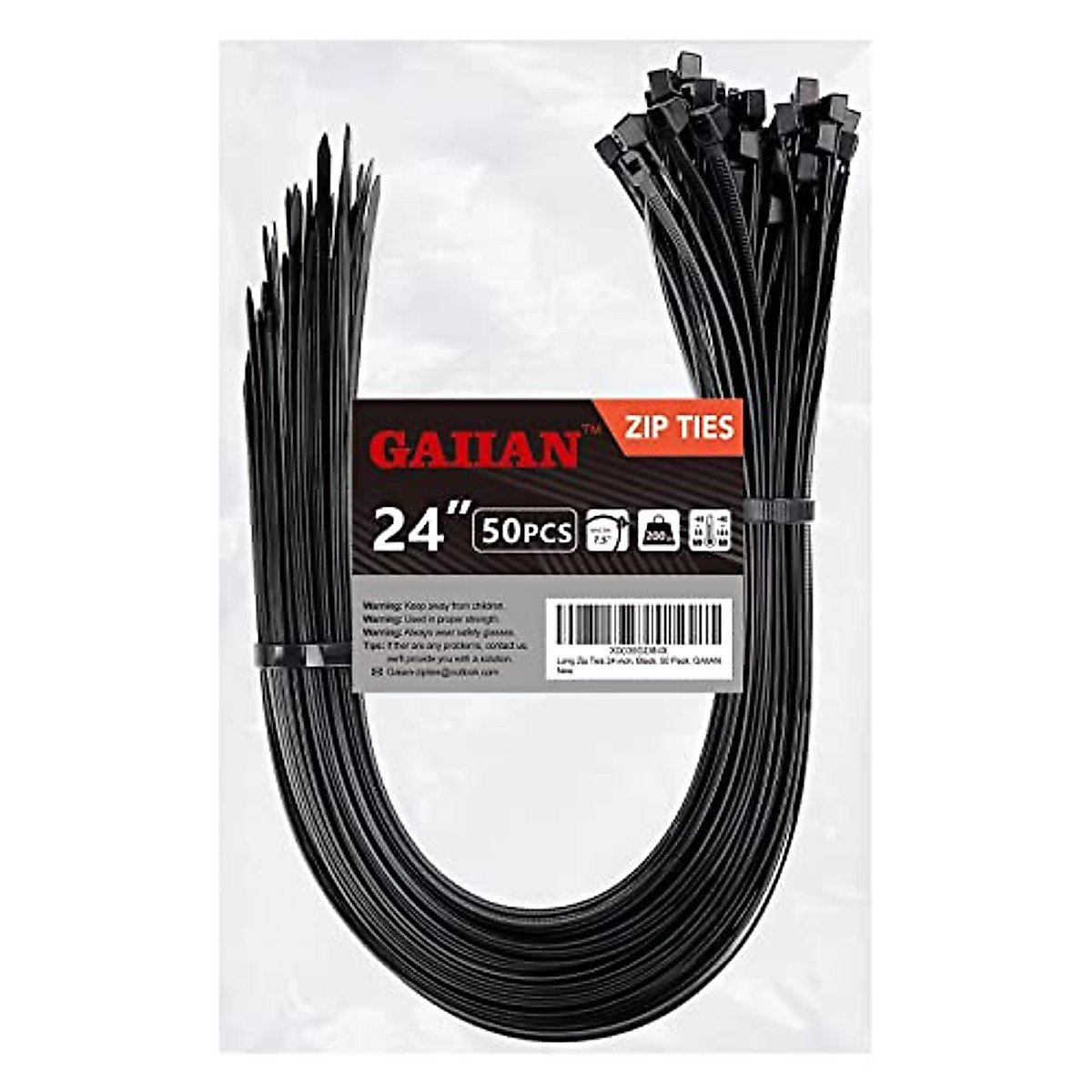 Long Zip Ties Heavy Duty 24 inch, Large Zip Ties with 200 lbs Tensile Strength, Big Cable Ties, Black, 50 Pack, by GAIIAN