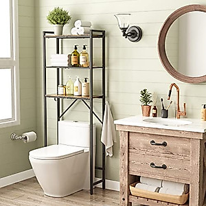 Hoctieon 3-Tier Over The Toilet Storage,Multifunctional Bathroom Organizer,Wood Bathroom Shelf, Metal Freestanding Toilet Rack with Hooks,Washroom Shelves, Space Saver, Rustic Brown