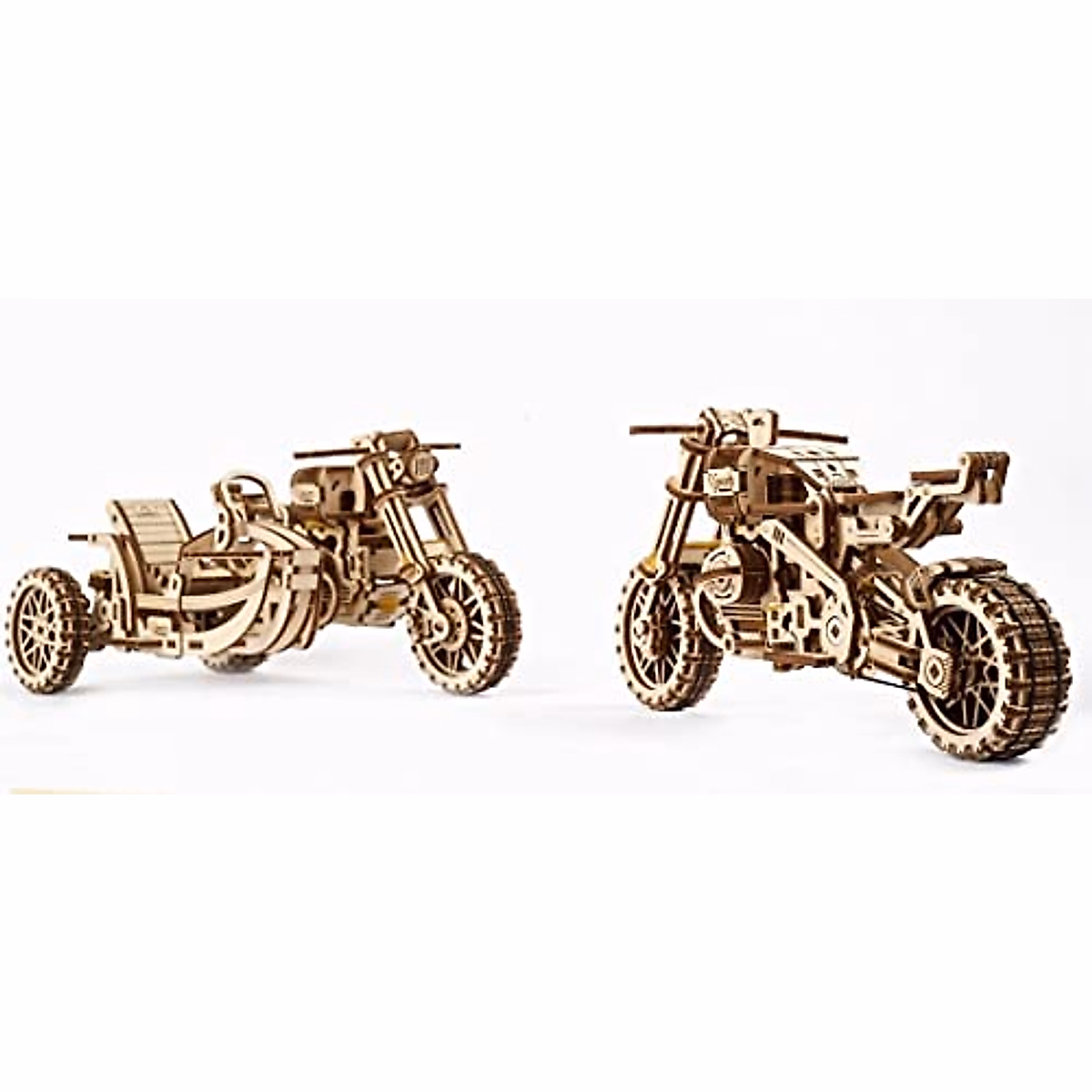 UGEARS Motorcycle with Sidecar 3D Puzzles - UGR-10 Motorcycle Scrambler Perfect Father's Day Gift Idea Wooden Model Kits for Adults to Build - Retro Design Sidecar Motorbike Model Kit with Rubber Band Motor