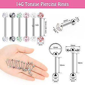 CrazyPiercing Assorted Tongue Rings, 14G Stainless Steel Tongue Piercing Rings Assorted Barbell bar Nipple Cute Tongue Rings for Women Men（13PCS）