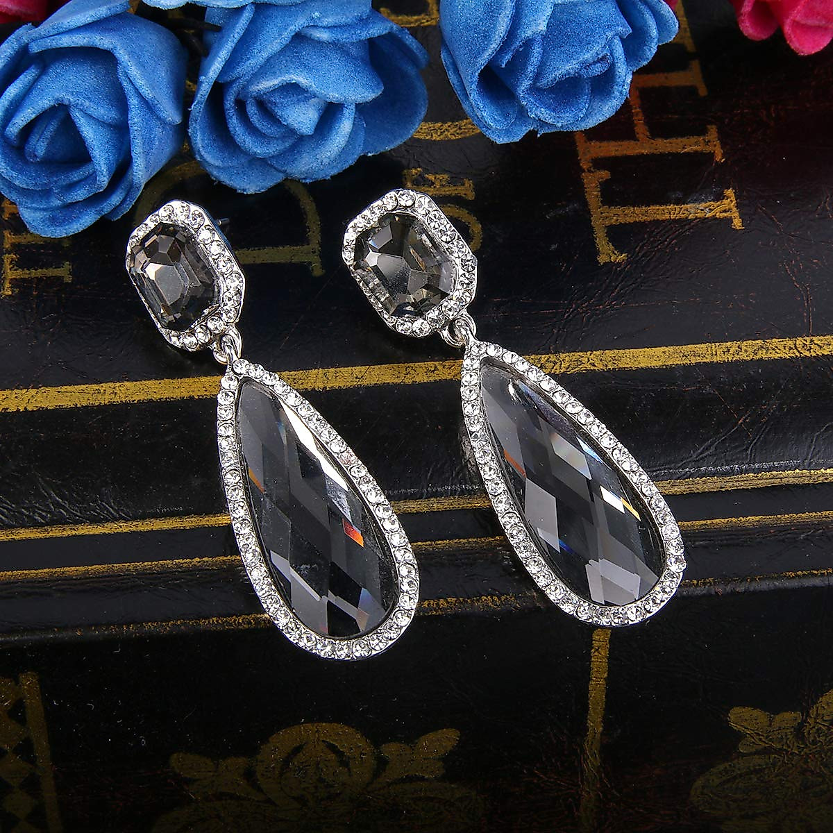 BriLove Wedding Bridal Dangle Earrings for Women Crystal Asscher Cut Elongated Faceted Teardrop Infinity Earrings Grey Black Silver-Tone