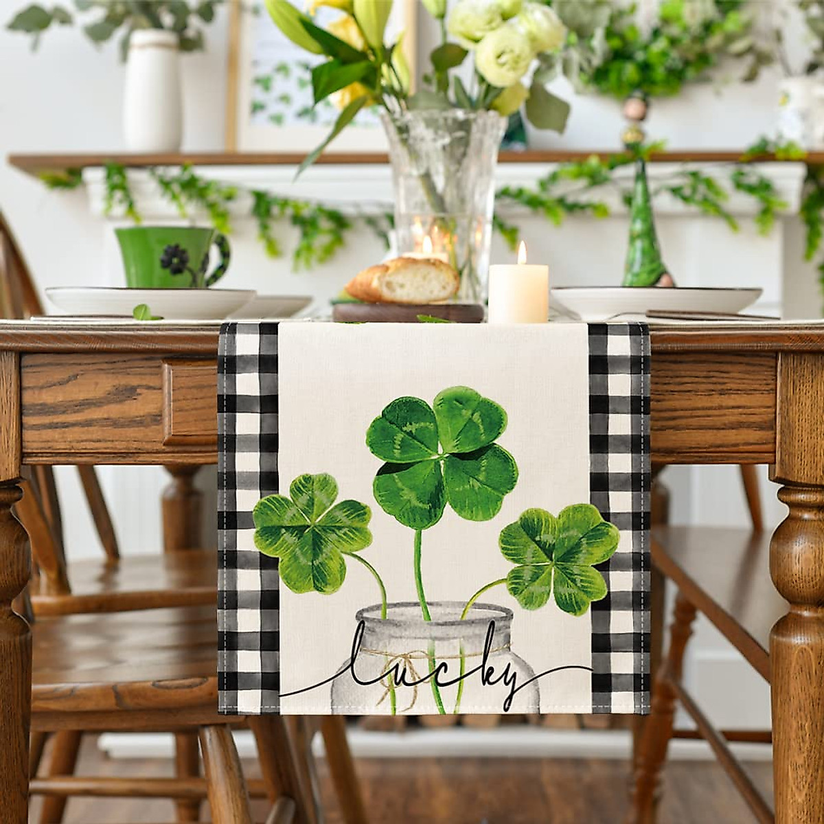 Artoid Mode Lucky Shamrock Vase St. Patrick's Day Table Runner, Seasonal Spring Buffalo Plaid Holiday Kitchen Dining Table Decoration for Indoor Outdoor Home Party Decor 13 x 72 Inch