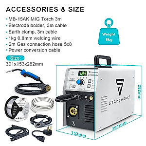 S STAHLWERK 185A Mig Welder 3 in 1 Flux MIG/Solid Wire/Lift TIG/Stick Welder 110V/220V Dual Voltage Gas/Gasless Welding Machine, White