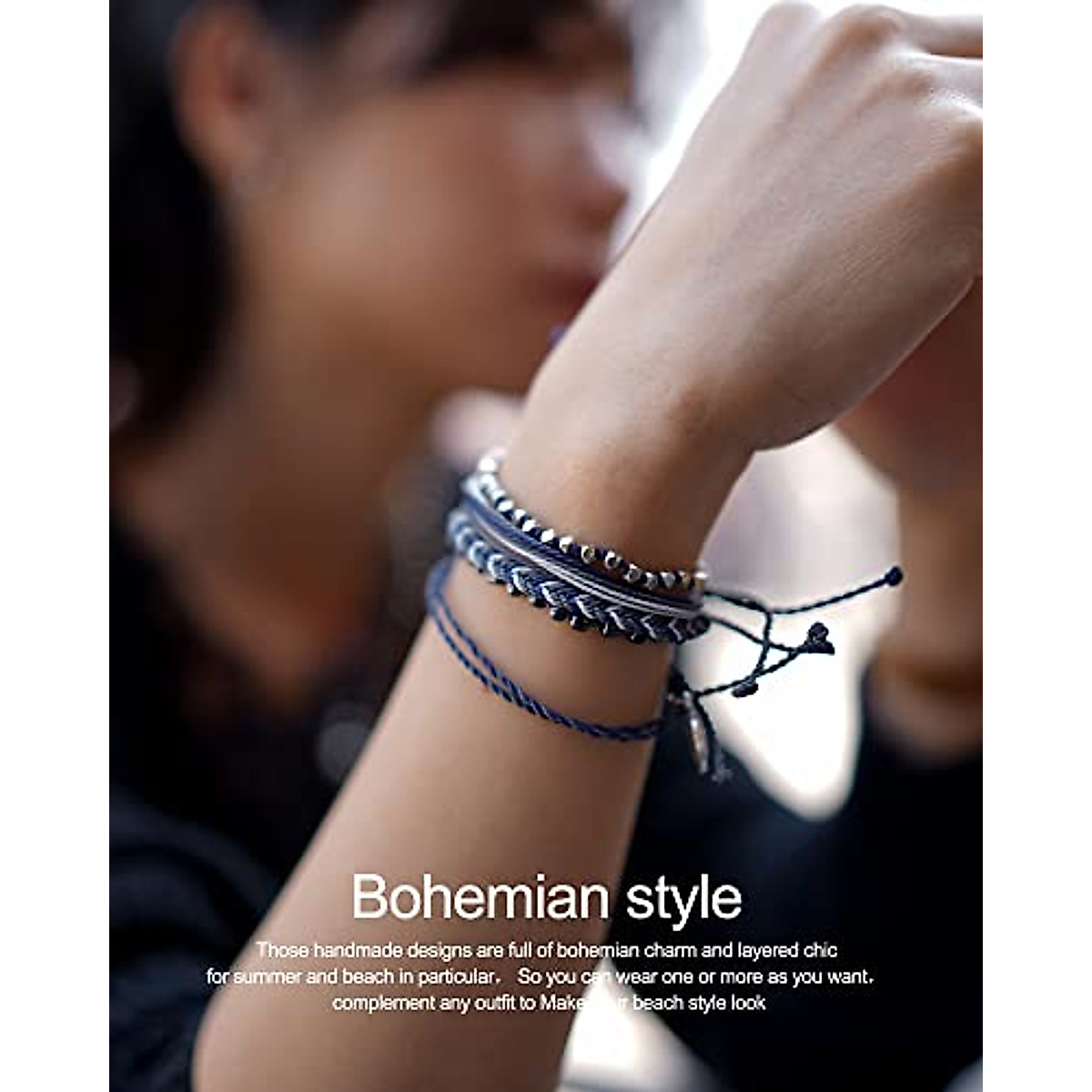 Mezcla Vida Bohemian Starfish Charm Silver Zinc Beaded Waterproof Rope Surfing Bracelets Sets For Women Teen Girls, Beach Handmade String Jewelry (GREY-BLUE)