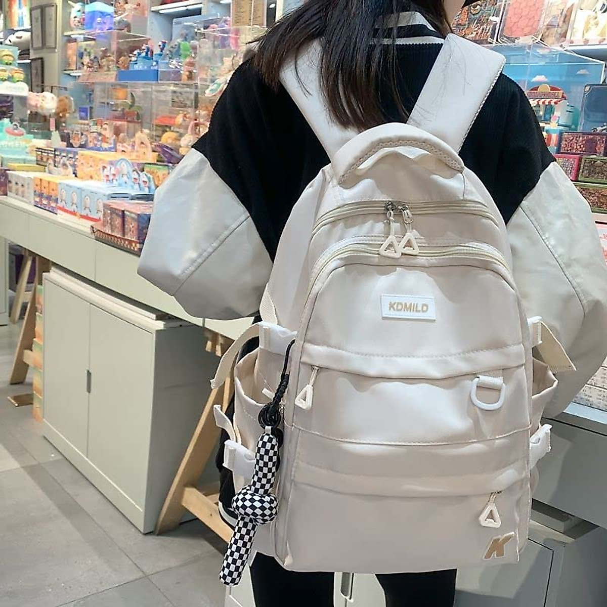 Large Simple Kawaii Backpack with Pendant for Girl Teen College Student High School Laptop Book Bag Travel Waterproof (Beige)