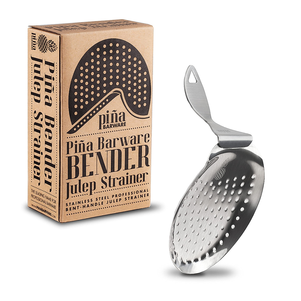 Piña Barware's The Bender - Stainless Steel Commercial Bent Handle Julep Style Cocktail Bar Strainer, Brushed Finish