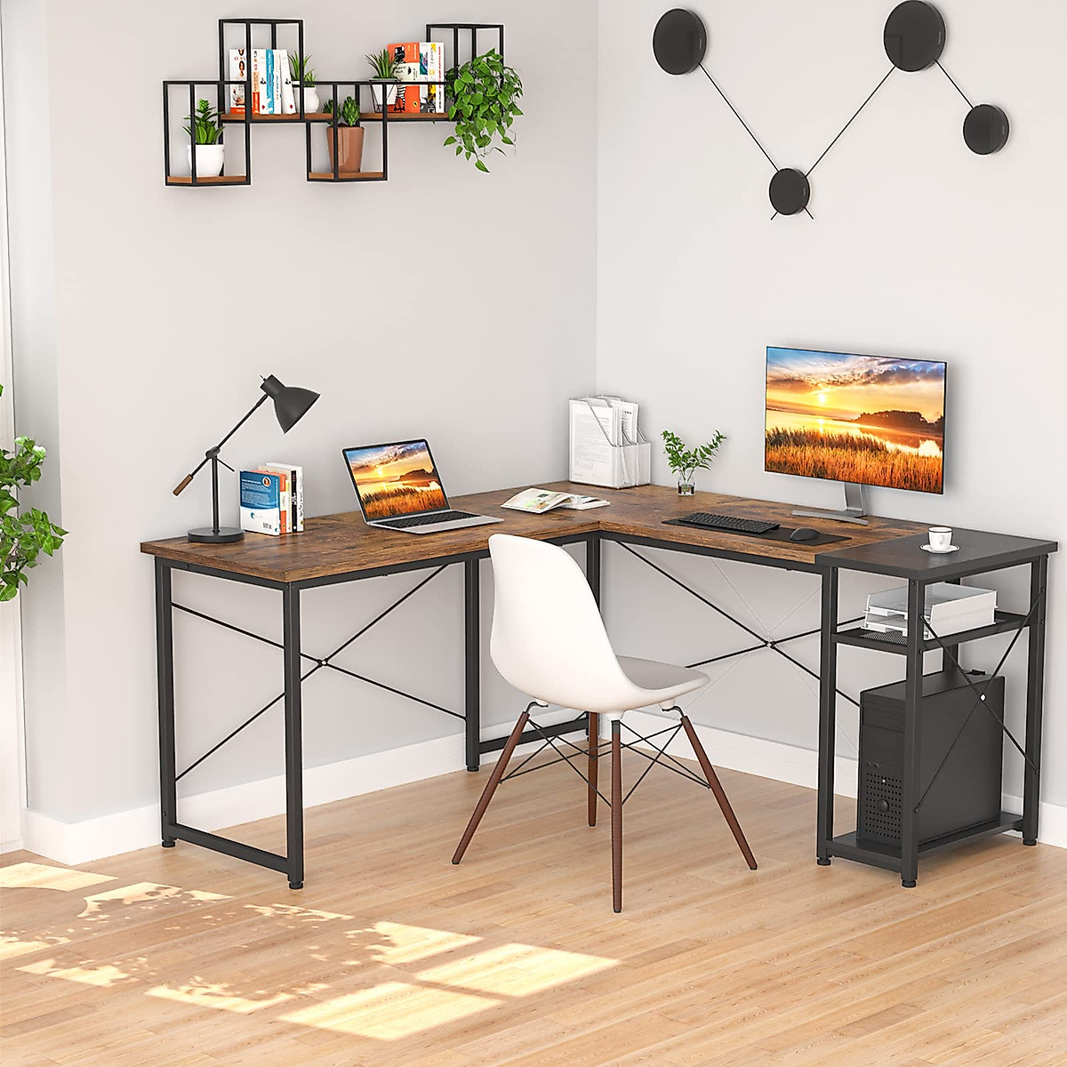 Ecoprsio L-Shaped Desk Large L Shaped Gaming Desk with Storage Shelves Industrial Corner Desk Writing Study Table for Home Office Gaming Workstation, Rustic Brown and Black