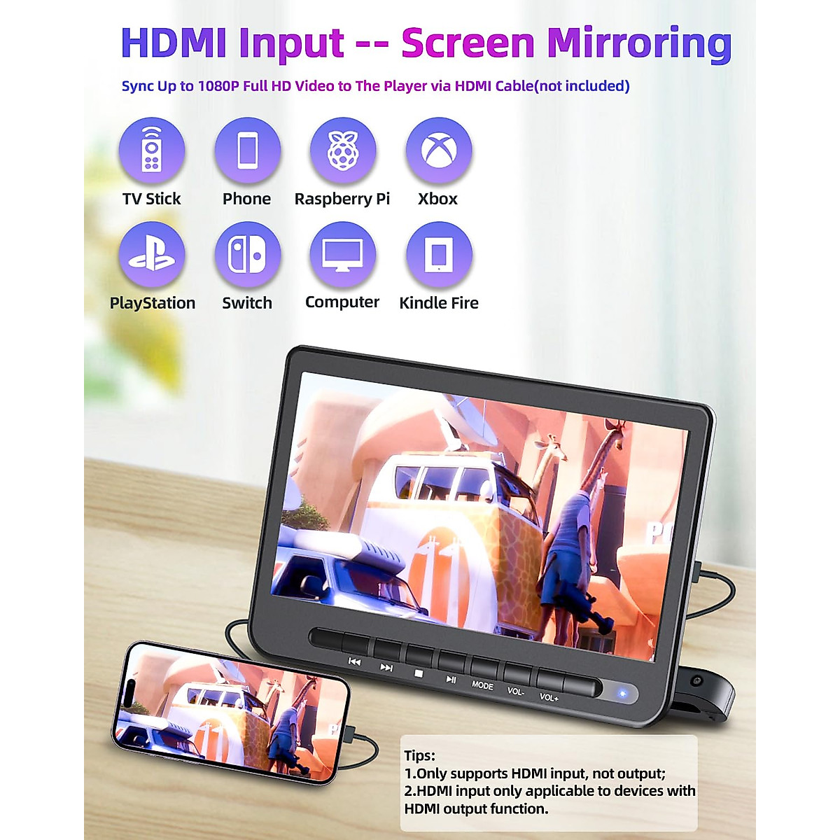 10.5" Portable DVD Player for Car with HDMI Input 1080P, DESOBRY Car DVD Player Dual Screen with Full HD Transmission,5-Hour Rechargeable Battery, Supports USB Input,Last Memory (1 Player + 1 Monitor)