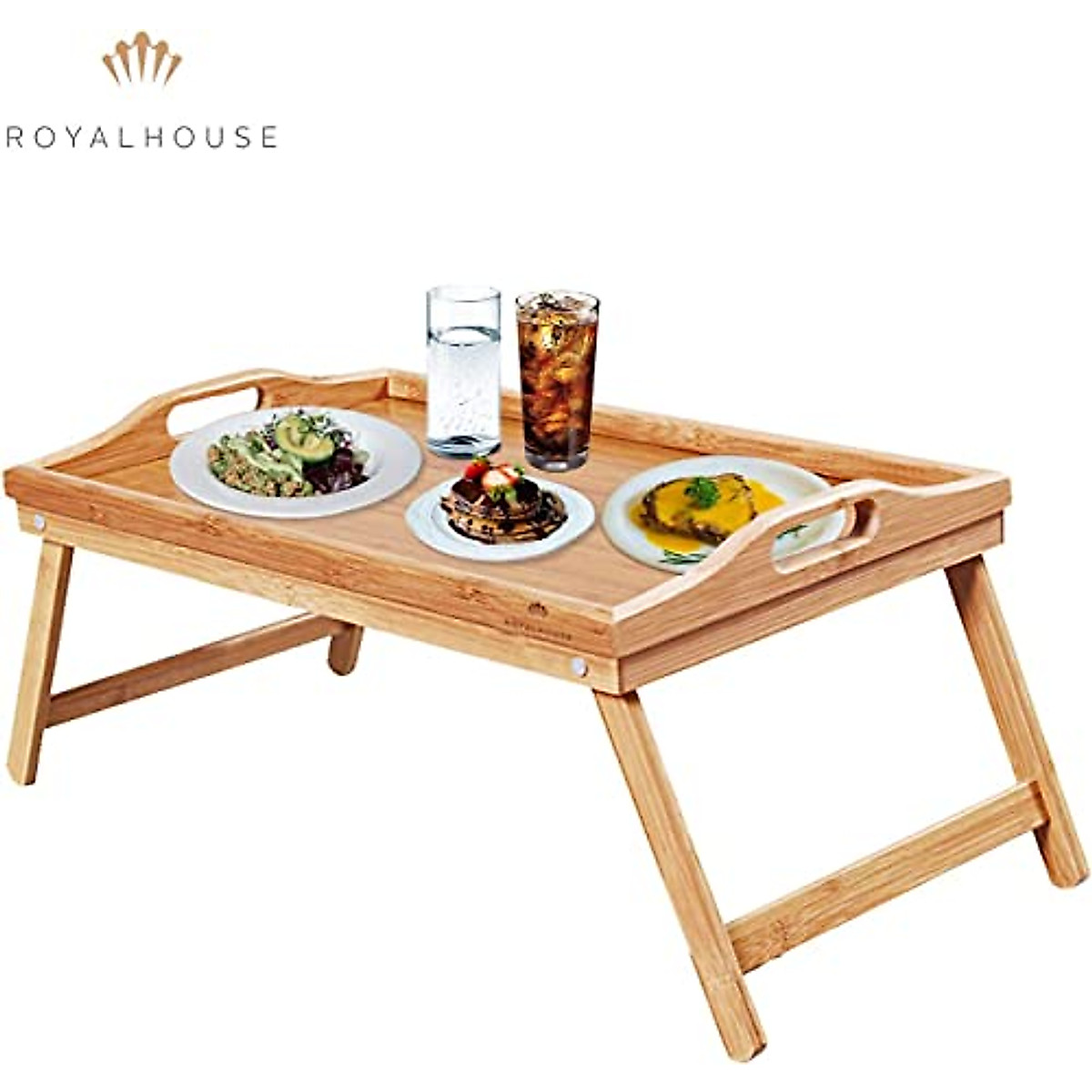 RoyalHouse Premium Bamboo Bed Tray, Breakfast Tray with Folding Legs, Portable Lap Tray Pack of 2