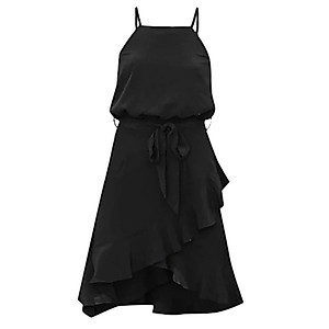 Shakumy Women Casual Sleeveless Halter Neck Boho Print Mini Dress Ruffle Irregular Hem Party Beach Tunic Short Dress