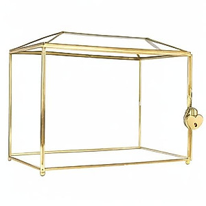 REDHUGO 10.2x5.9x7.9 in Medium Glass Card Box Handmade with Slot and Lock, Wedding Card Boxes for Reception, Graduation, Gift Cards, Party, Brass Geometric Terrarium, Golden Decorative Box