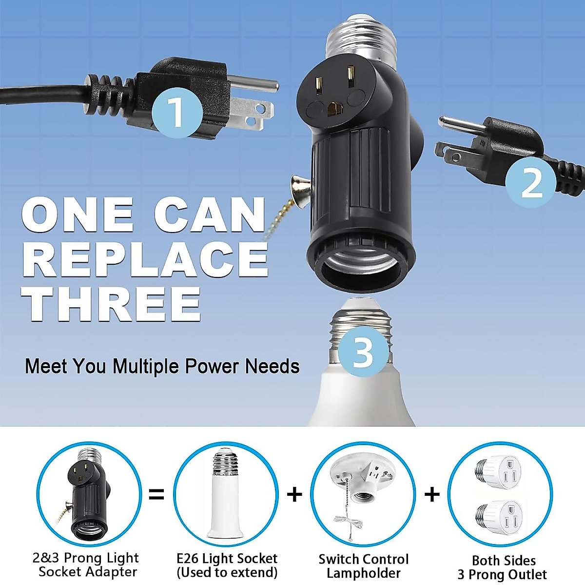 2 PCS Light Socket to Plug Adapter, Both Sides Sockets Support 3 Prong Light Socket Outlet Adapter, Light Bulb Outlet Socket Adapter with Switch Control, E26 E27 Light Bulb Socket Adapter - Black