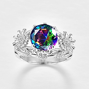 Narica Silver Plated Round Cut Created Rainbow Topaz CZ Cubic Zirconia Filled Eternity Halo Cocktail Wedding Engagement Dainty Sunflower Band Elegant Women's Flower Ring for Mom Bridal Lover 10#