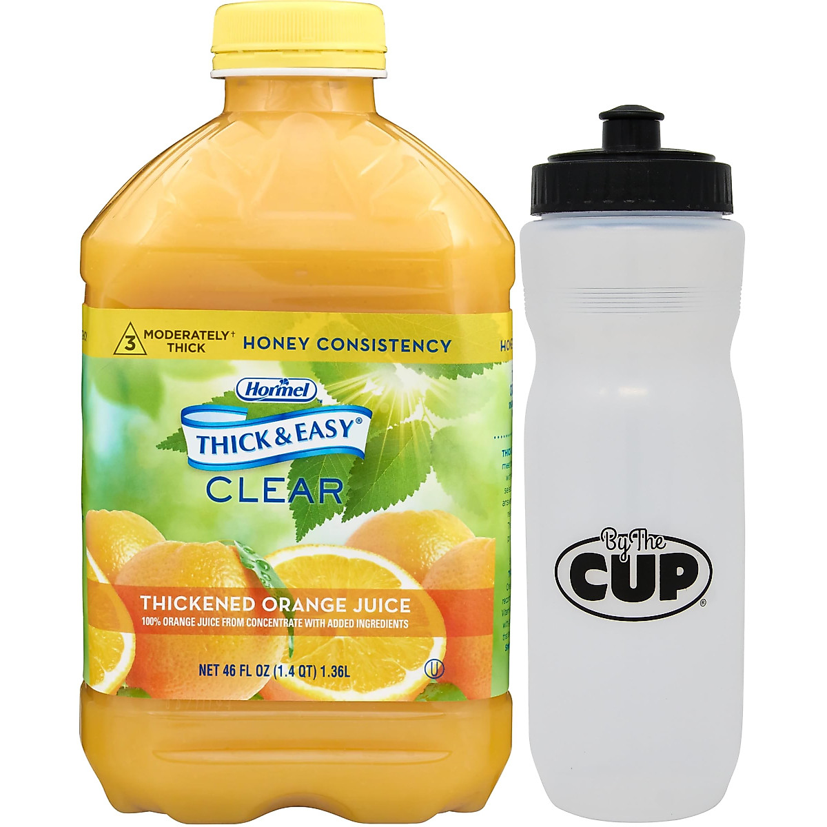 Thick & Easy Clear Thickened Orange Juice Flavored Drink, Honey Consistency, 46 oz with By The Cup Water Bottle