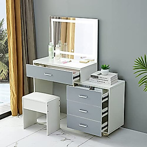 ND Large Vanity Set with 3 Color Touch LED Lighted Mirror, Dressing Table with 5 Drawers, Storage Shelves & Cushioned Stool for Bedroom, Makeup Desk White (46.5" L x13.8 W x50 H)