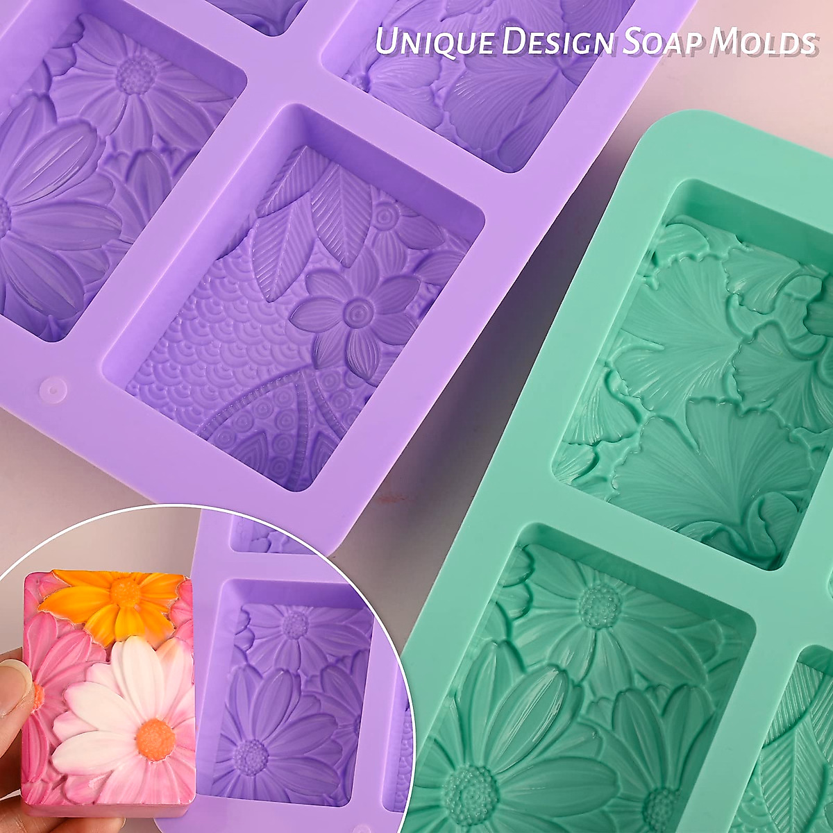 HUAKENER Silicone Soap Molds, 2 Pack 4-Cavity Rectangle Soap Mold, Flower Soap Making Molds