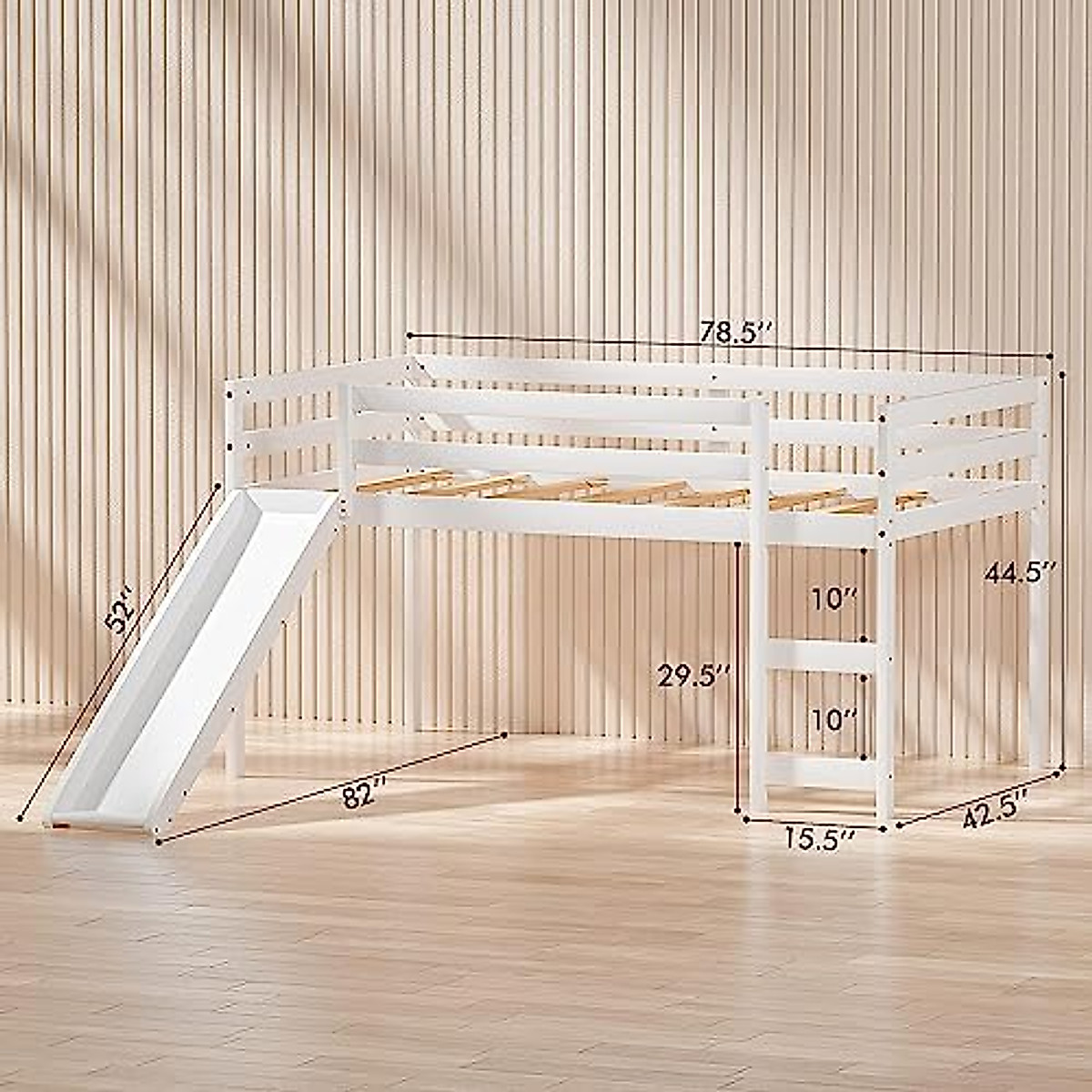NAFORT Twin Loft Bed with Slide, Low Loft Bed with Stairs, Solid Wood Twin Loft Bed Frame for Girls Boys with Climbing Ladders Guard Rails and Slat Support - White