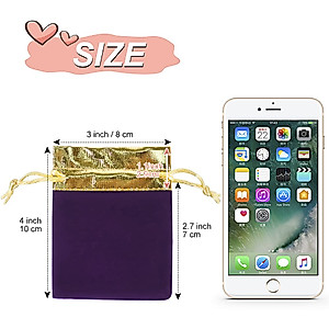 HRX Package Small Velvet Jewelry Bags 3x4 inch, 20pcs Purple Gold Cloth Gift Pouches with Drawstrings