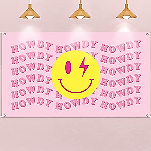 Y1tvei Preppy Cowgirl Room Decor Party Banner Aesthetic Pink Howdy Happy Face Tapestry Backdrop Modern Preppy Photography Background for Teen Girls Bedroom College Dorm Wall Hanging Props Photo Booth