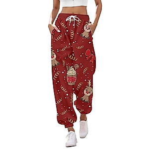 Straight Leg Sweatpants,Merry Christmas Print Womens Sweatpants with Pockets Reindeer Print Drawstring Workout Active Joggers Christmas Print Plus Size Trouser Pants Red XL