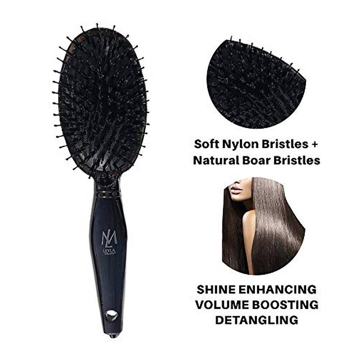 Leyla Milani Hair Detangler Brush - Miracle Brush Human Hair Brushes for Sensitive Scalp, Gentle Detangling, Shine, Volumizing, Nylon Boar Bristle, Best Paddle Brush for Women, Men, Kids (Black)