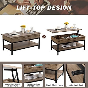 EROMMY Lift Top Coffee Table, 38'' Coffee Table with Open Shelf and Hidden Compartment, Rustic Wood Rising Tabletop Dining Table for Living Room, Pop-Up Center Table with Adjustable Feet, Rustic Gray