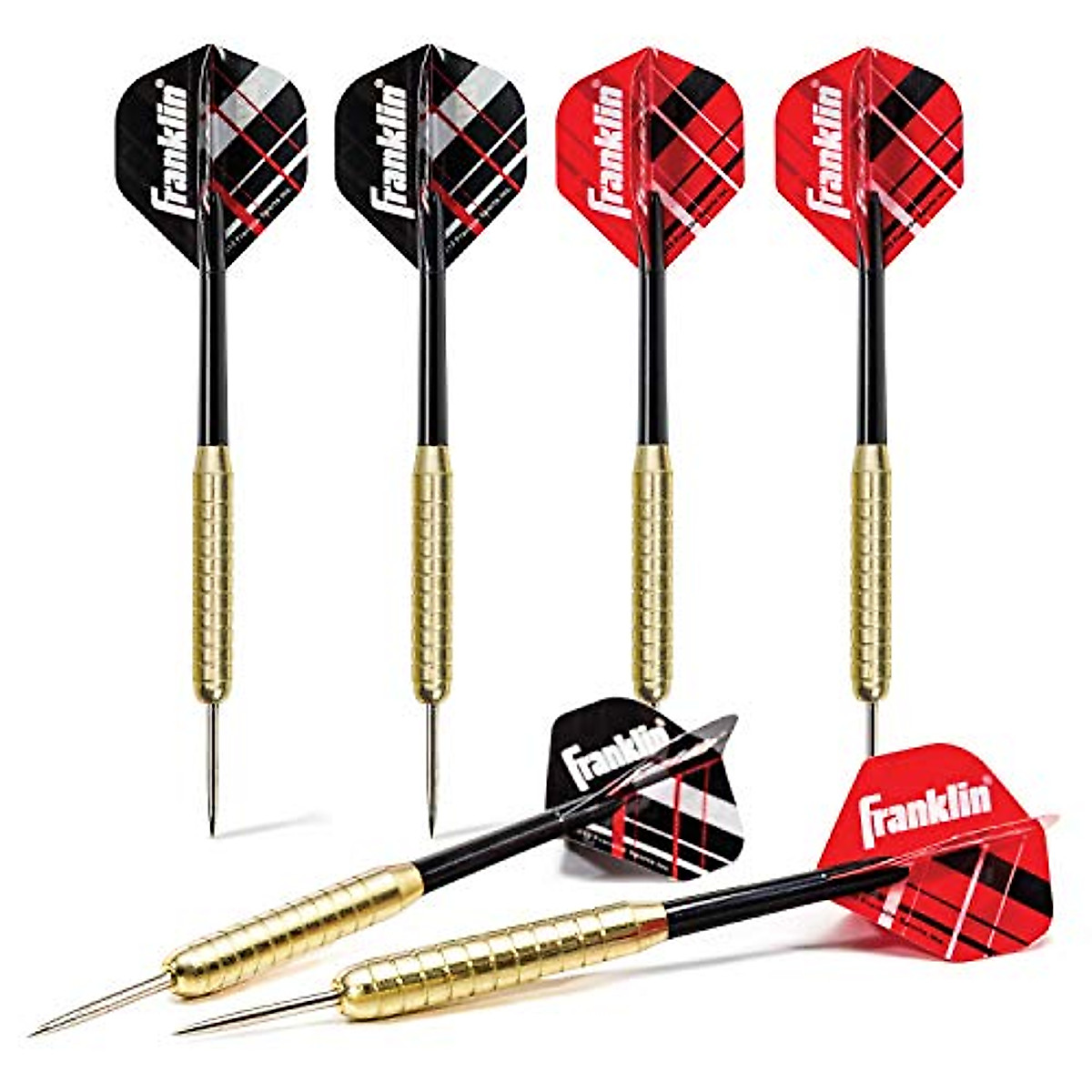 Franklin Sports Steel Tip Darts Set - 6 Pack of 18 Gram Steel Darts - Removable Standard Nylon Flights and Brass Barrels - Lightweight Full Dart Set, Red/Black
