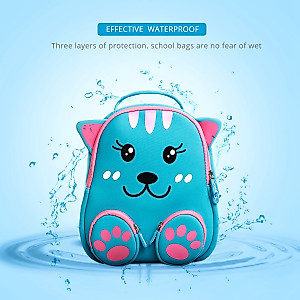 Cocomilo 12" Cartoon 3D Cat Toddler Backpack for Kids Waterproof Preschool Baby Bag for Boys and Girls with Ant-lost Leash (Blue Cat)