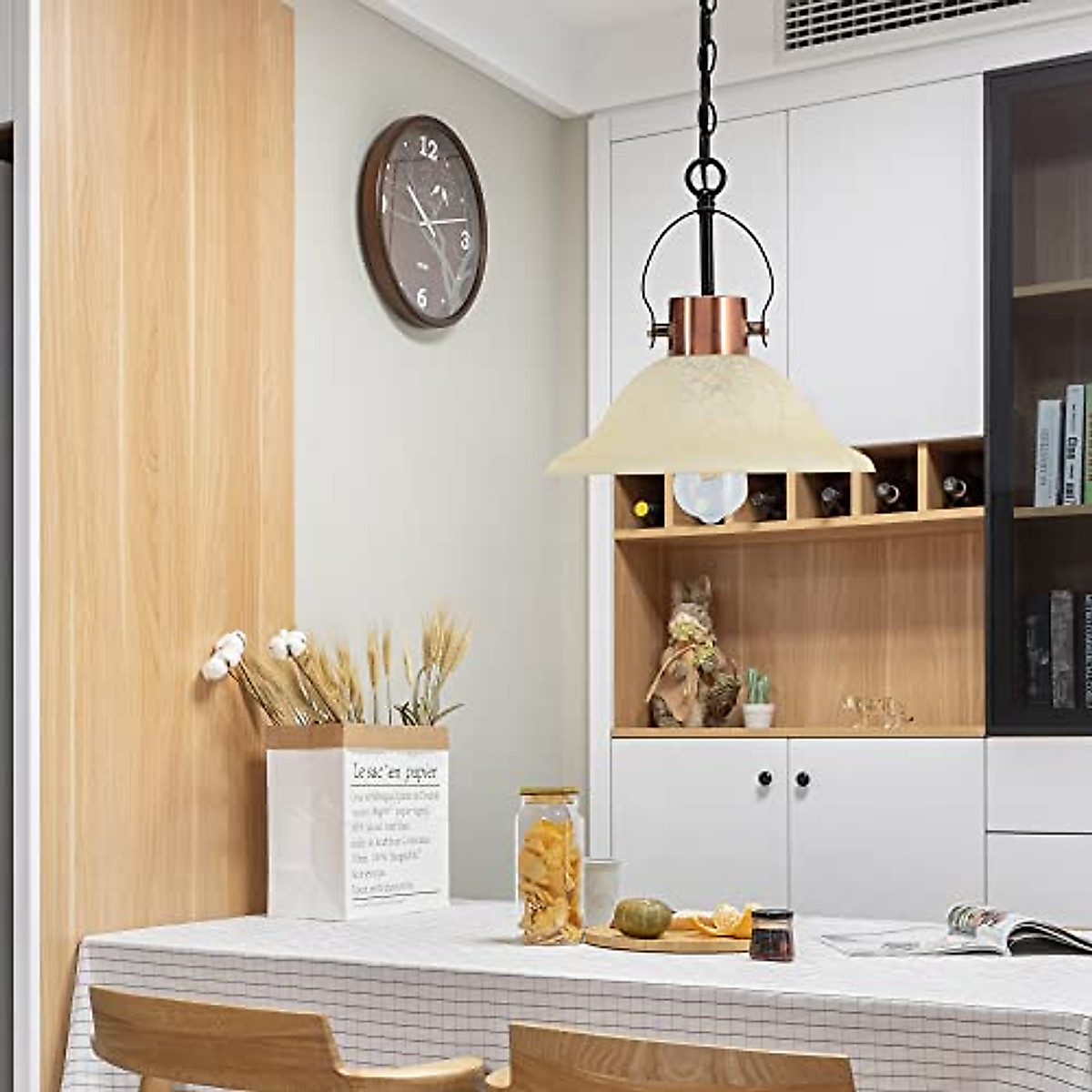 ANYONGLU Traditional Plug-in Pendant Lighting Fixture Amber Alabaster Glass Bowl Shade Antique Industrial Hanging Lamp for Kitchen Dining Room