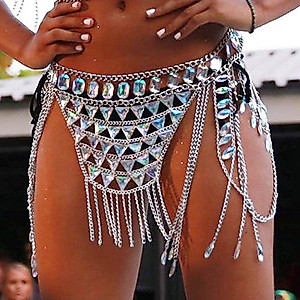 Salliy Rhinestone Waist Body Chains Skirt Silver Sexy Belly Chain Dress Summer Belly Belt Chain Jewelry Rave Festival Outfits for Women and Girls