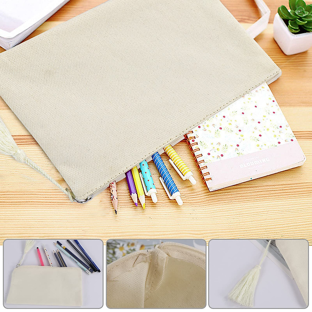 Cawvox Blank Makeup Bags, 6 PCS Blank DIY Craft Canvas Pencil Pouch Bulk Sublimation Cosmetic Bag Multi-Purpose Travel Toiletry Tassel Zipper Bags (Beige 8.5 × 5.1 Inch)