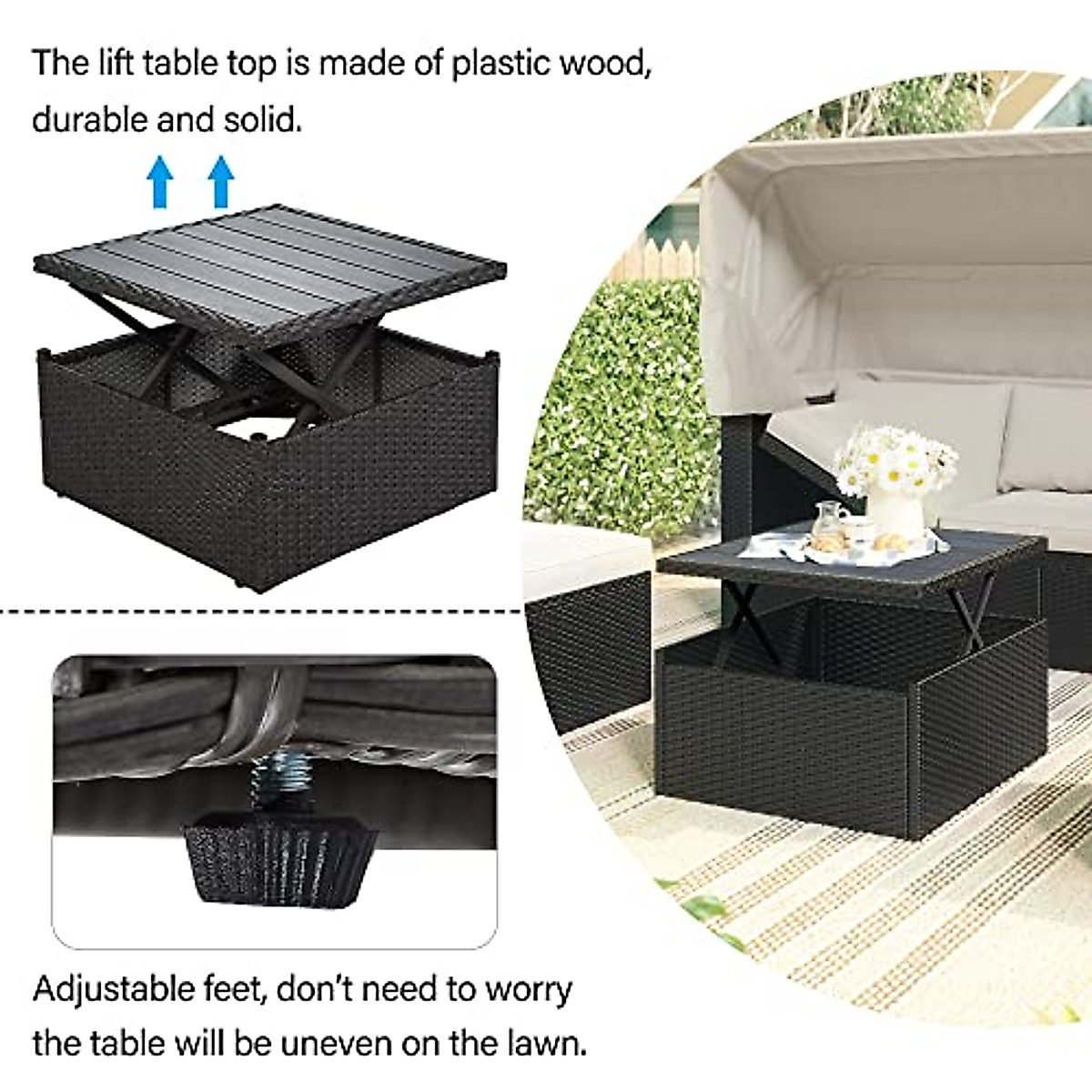 Merax 4 Pieces Outdoor Patio Rattan Daybed with Retractable Canopy, UV-Proof Resin Wicker Patio Sofa Set with Washable Beige Cushions and Lifting Table