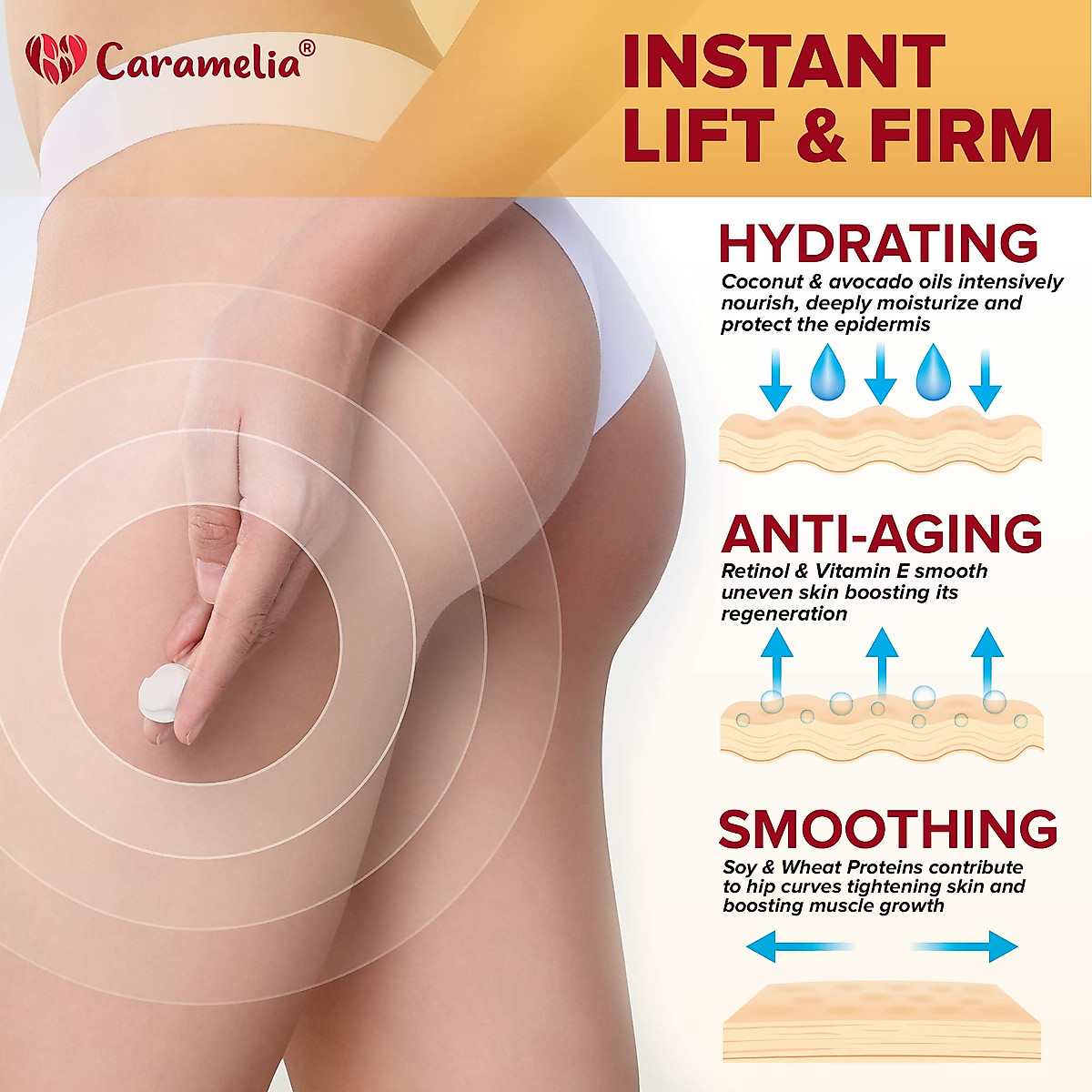Caramelia Butt Enhancement & Enlargement Cream - Works for Your Buttocks - Butt Becomes Tightened and More Elastic without Injections - Lifts Muscles, Creating Beautiful Picture of Self-Confident Lady