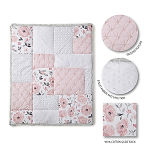 Levtex Baby - Elise Crib Bed Set - Baby Nursery Set - Pink, Grey, and White - Floral and Velvet Patchwork - 5 Piece Set Includes Quilt, Two Fitted Sheets, Wall Decal & Skirt/Dust Ruffle