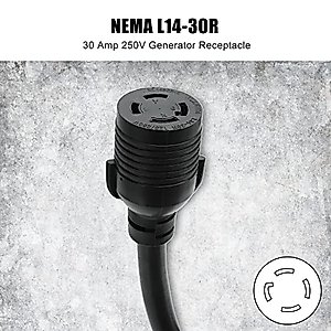 30 Amp RV Generator Transfer Switch Adapter Cord with Grip Handle, NEMA TT-30P to L14-30R Adapter Cord, 125/250V 3 Prong to 4 Prong Generator Plug Adapter, Generator to House Inlet Box, STW 10 AWG